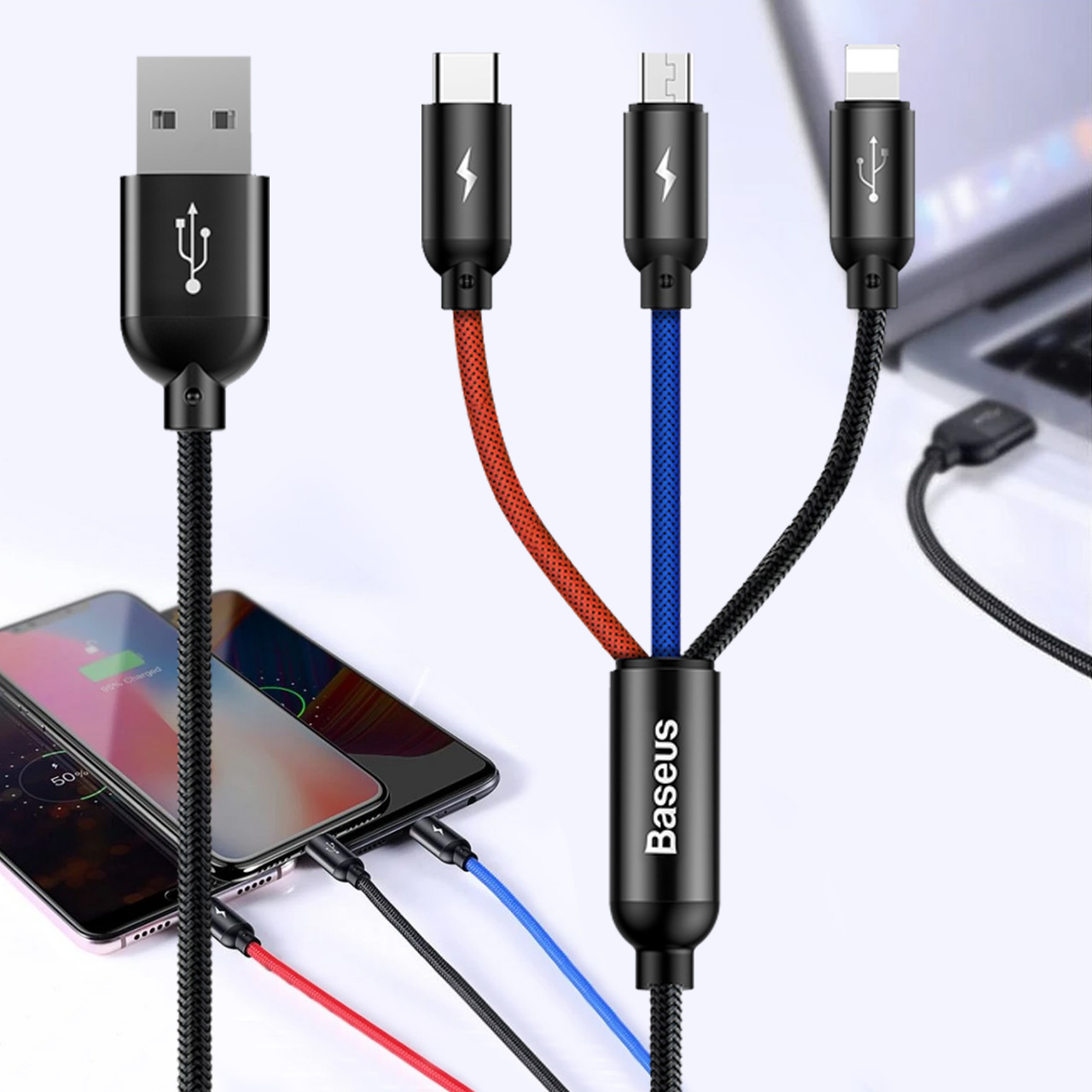 Baseus 3-i-1 multiladdare, USB-C/Lightning/MicroUSB, 3.5A, 1.2m