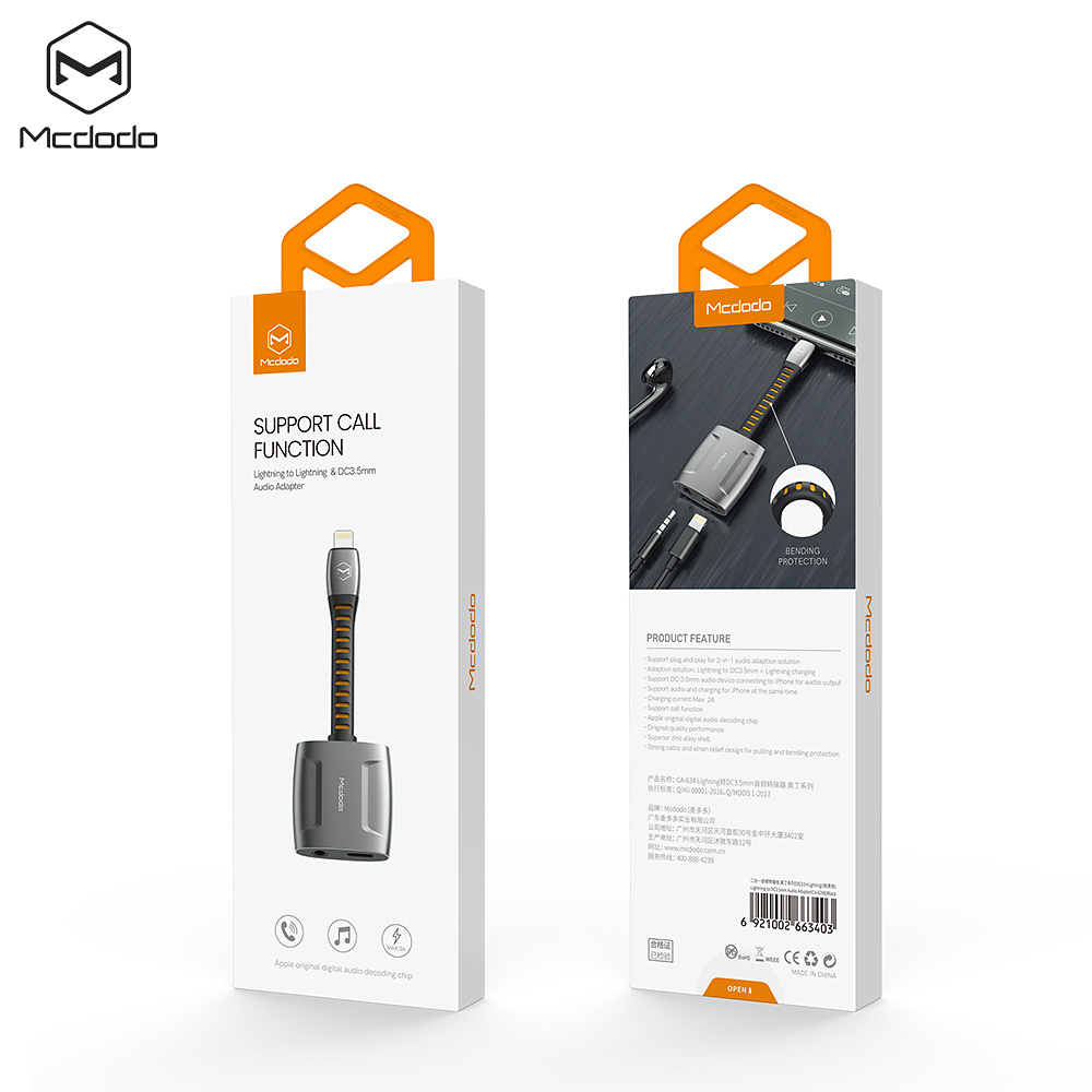 McDodo CA-6340 Lightning till Lightning+3.5mm AUX, 2.4A, grå