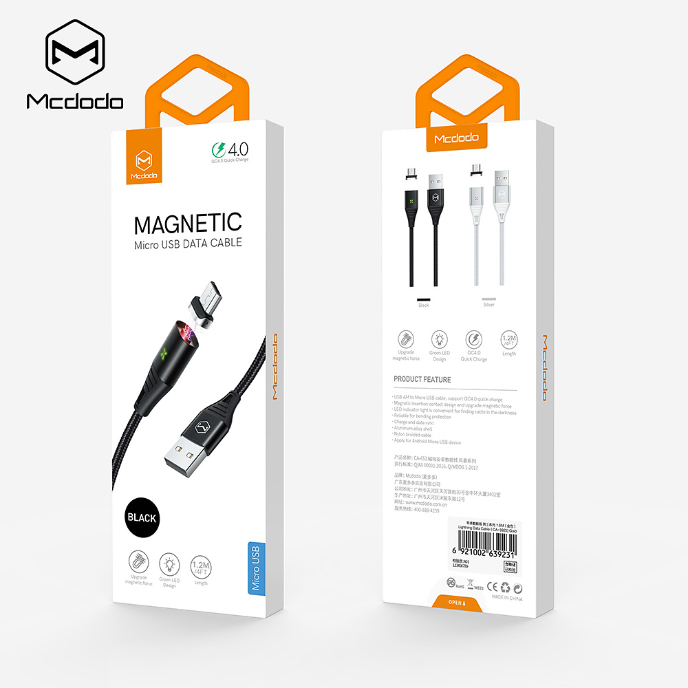 McDodo CA-6520 Magnetisk MicroUSB kabel, QC4.0, 3A, 1.2m, svart