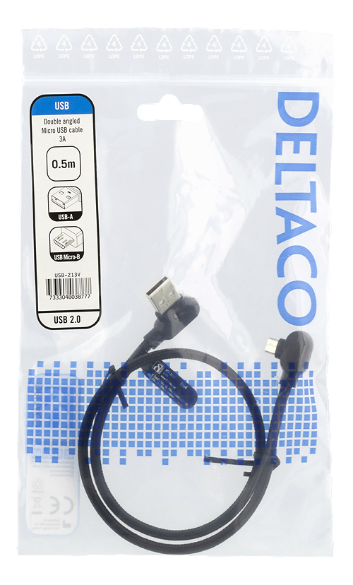 DELTACO vinklad USB-A till vinklad USB Micro-B, 0,5m