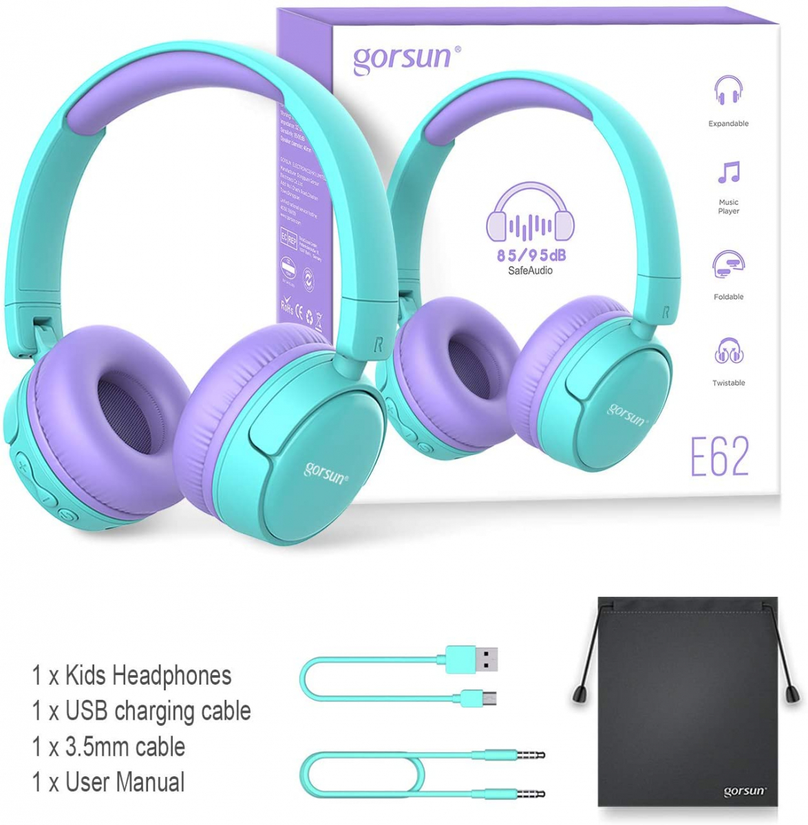 gorsun E62 trådlösa barnhörlurar med volymkontroll, demoex