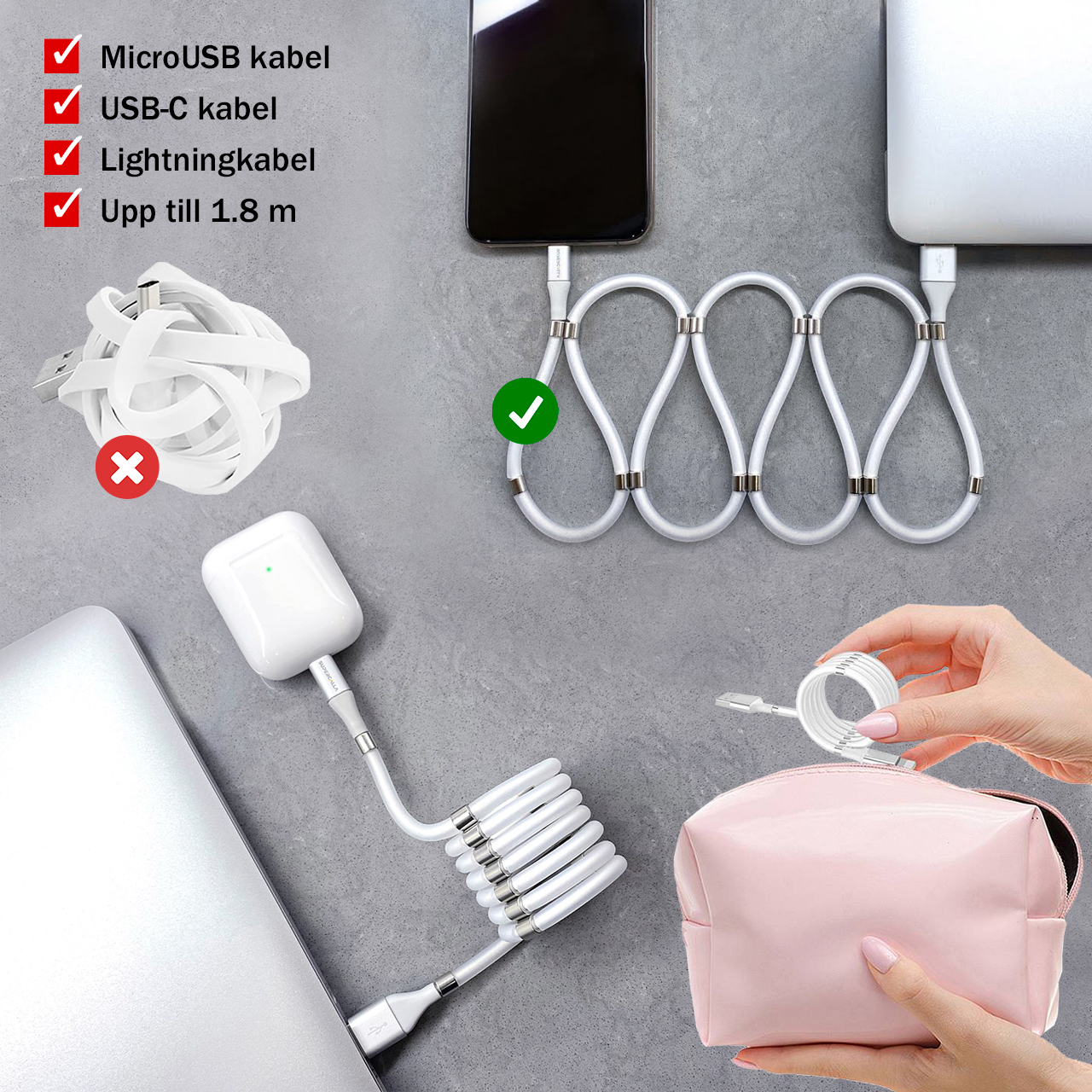 SuperCalla Magnetisk USB-C kabel, 2A, 1.8m, vit